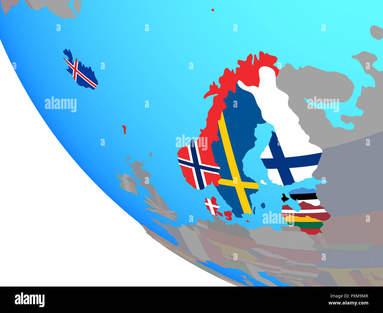 Northern Europe with national flags on simple globe. 3D illustration ...