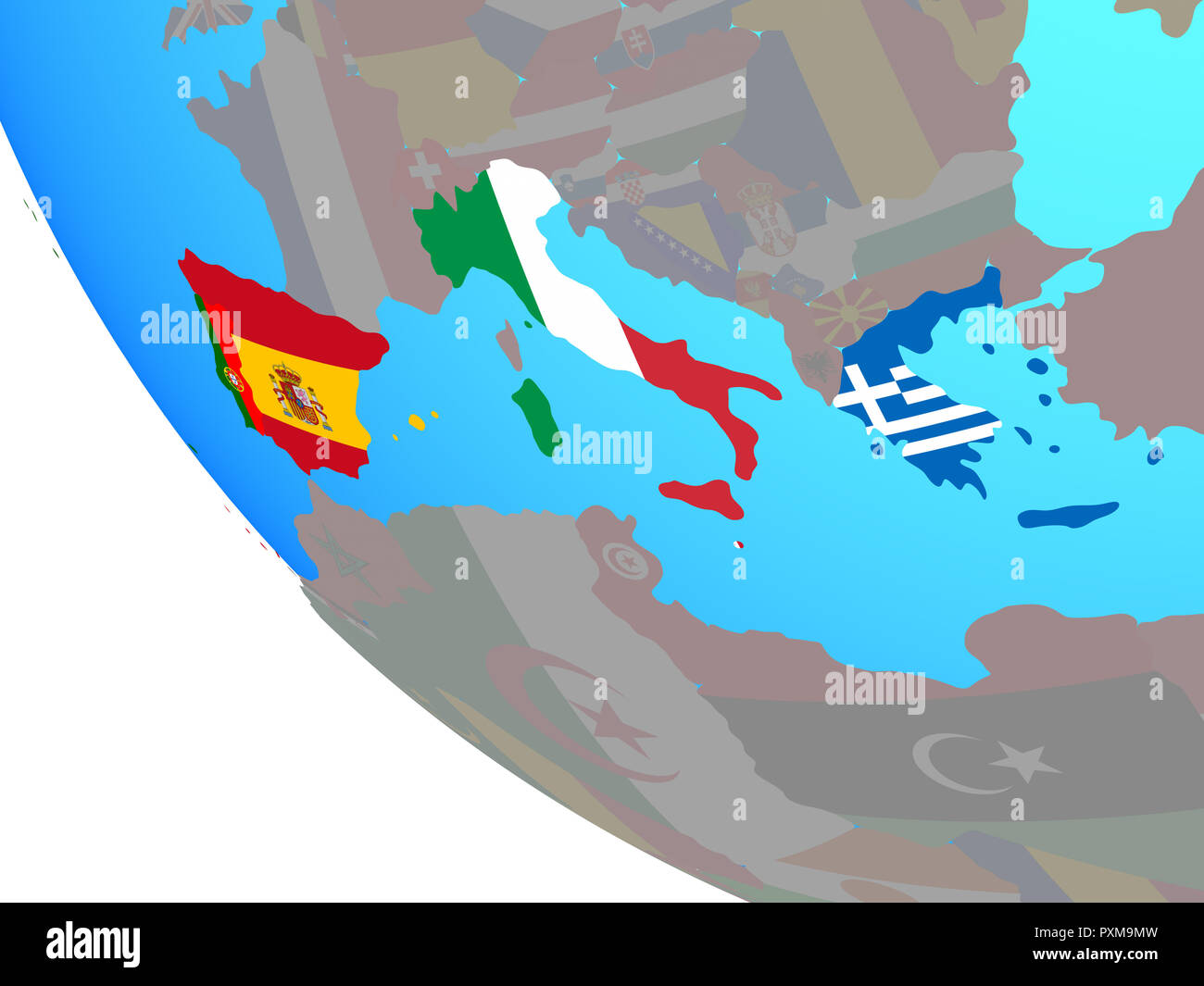Southern Europe with national flags on simple globe. 3D illustration ...