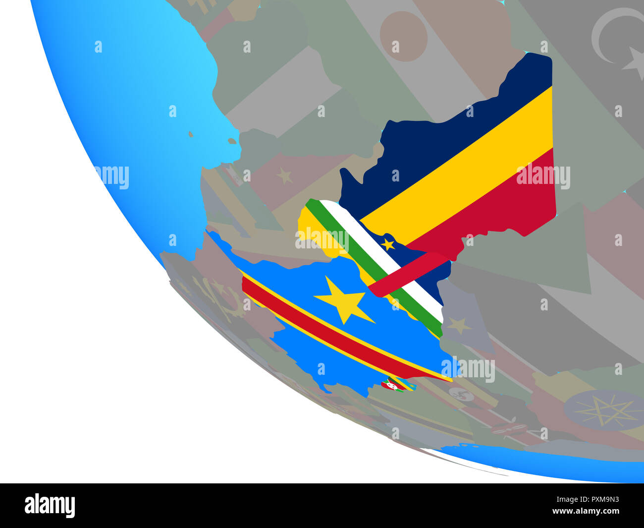 Central Africa with national flags on simple globe. 3D illustration ...