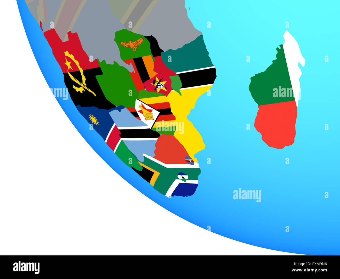 Southern Africa with national flags on simple globe. 3D illustration ...