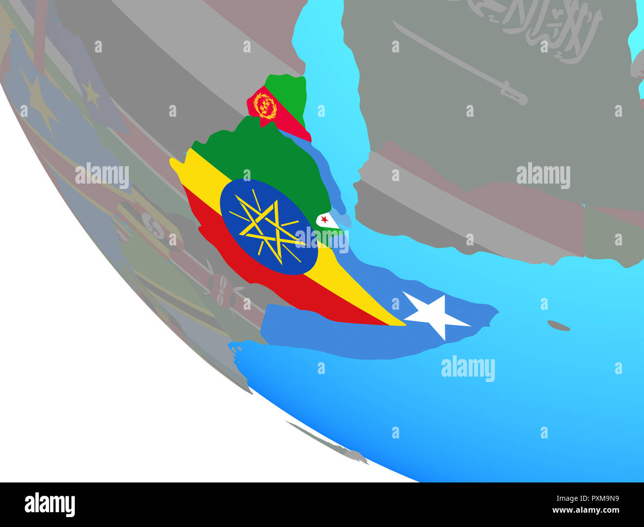 Horn of Africa with national flags on simple globe. 3D illustration ...
