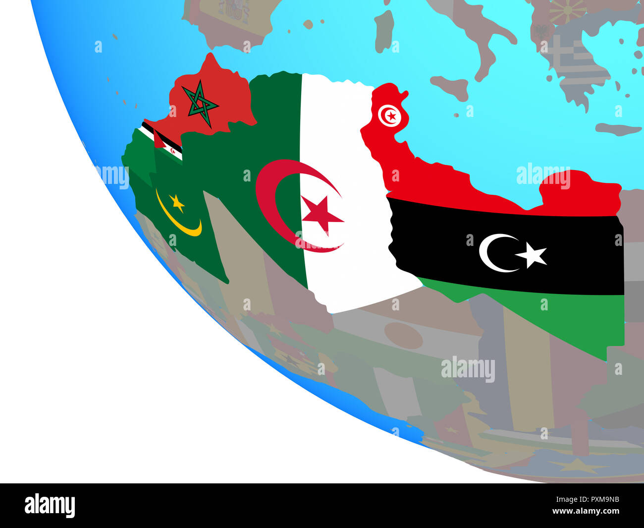 Maghreb region with national flags on simple globe. 3D illustration ...