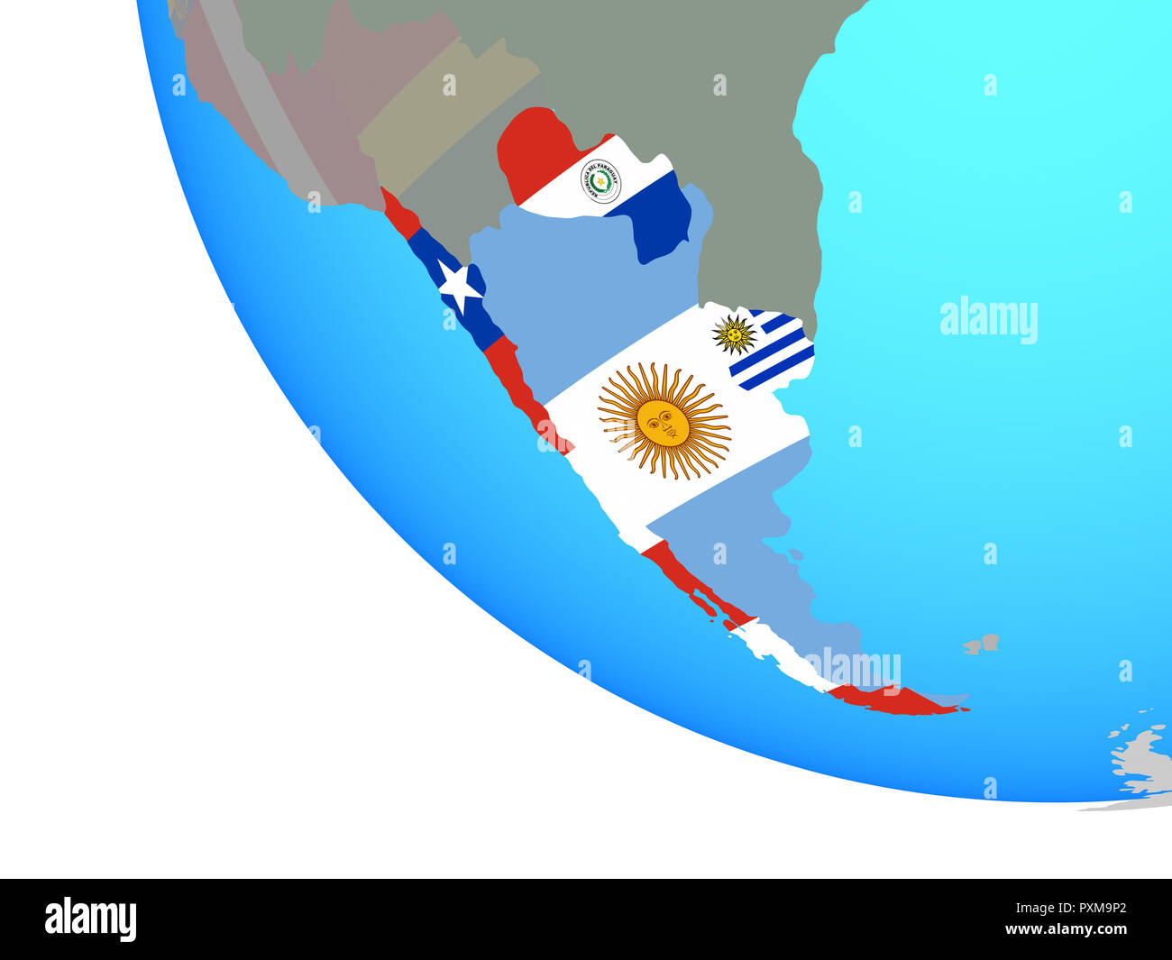 Southern Cone with national flags on simple globe. 3D illustration ...