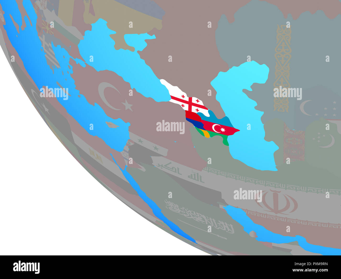 Caucasus region with national flags on simple globe. 3D illustration ...