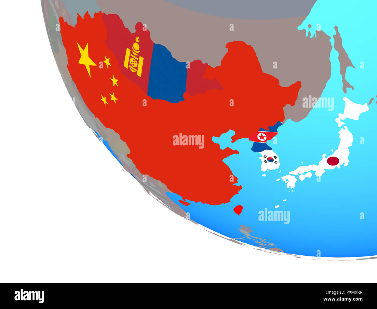 East Asia with national flags on simple globe. 3D illustration Stock ...