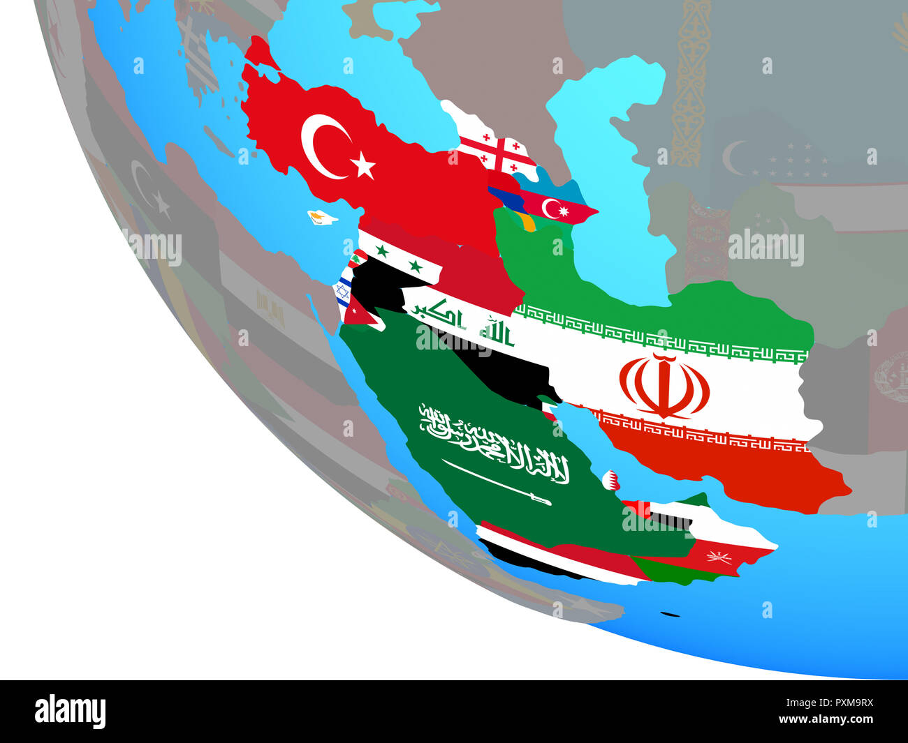 Western Asia with national flags on simple globe. 3D illustration Stock ...