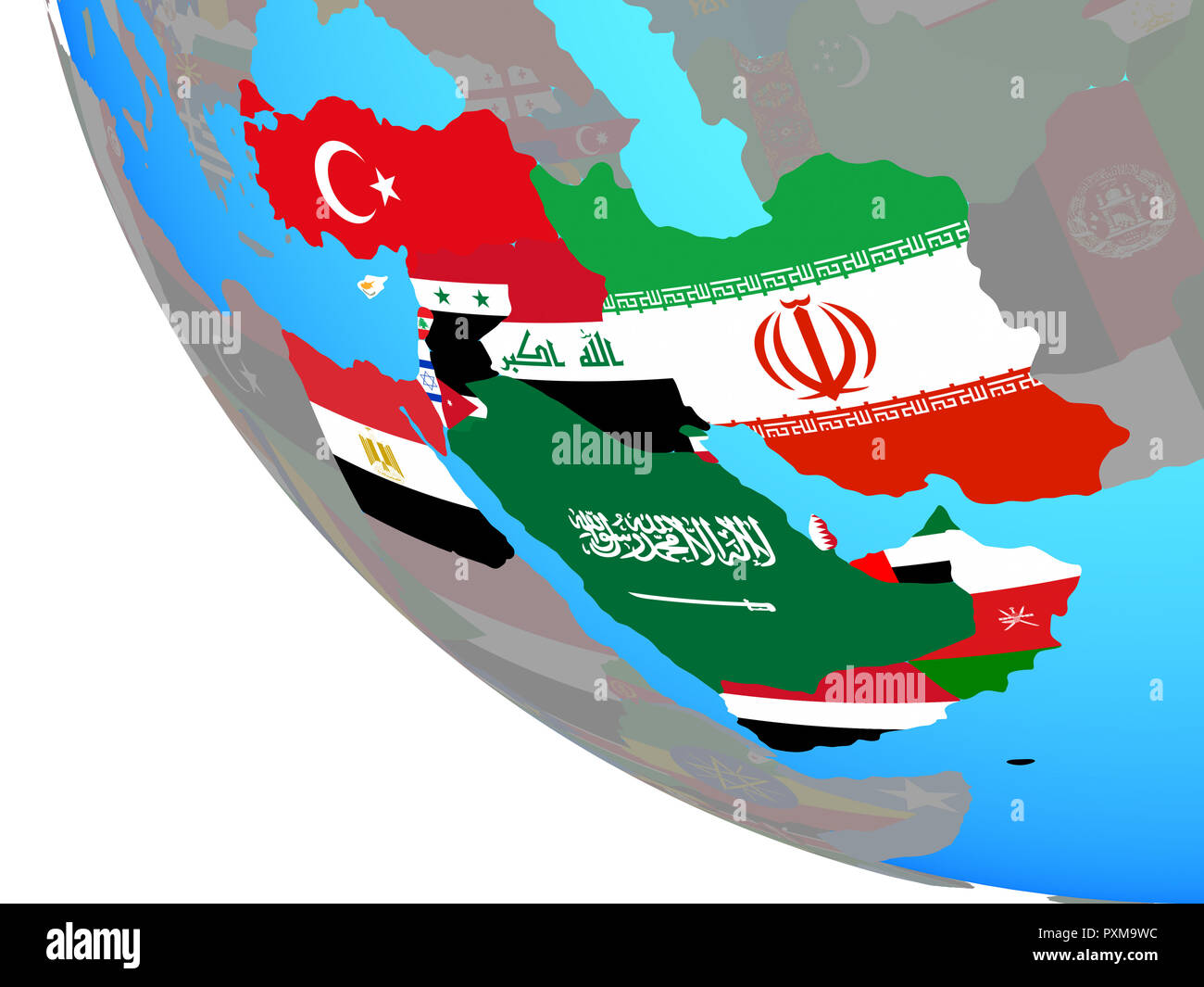 Middle East with national flags on simple globe. 3D illustration Stock ...