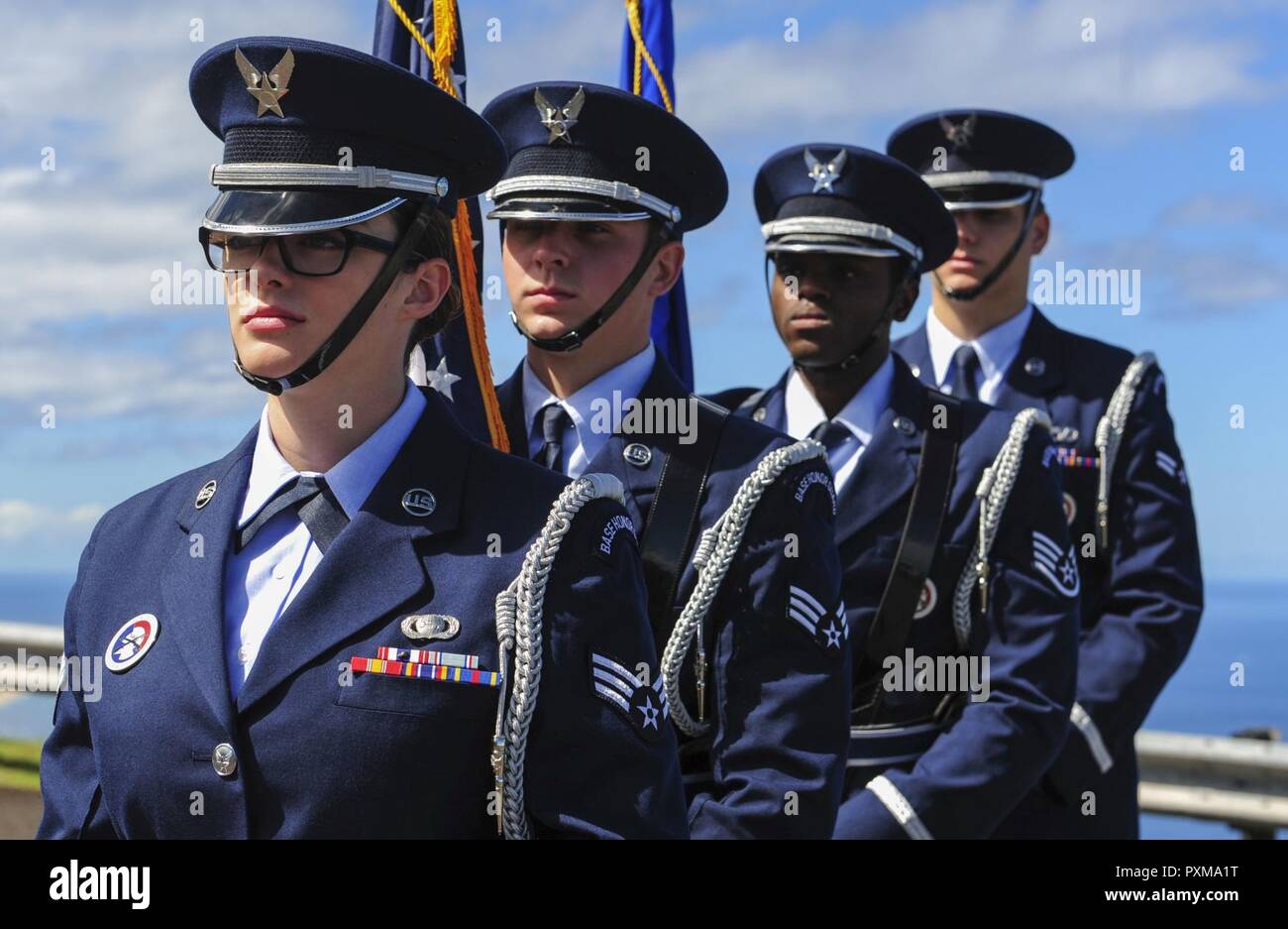 Joint Base Pearl Harbor-Hickam Honor Guard prepares to post the colors ...
