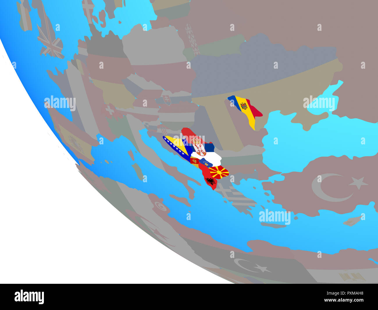 CEFTA countries with national flags on simple globe. 3D illustration ...