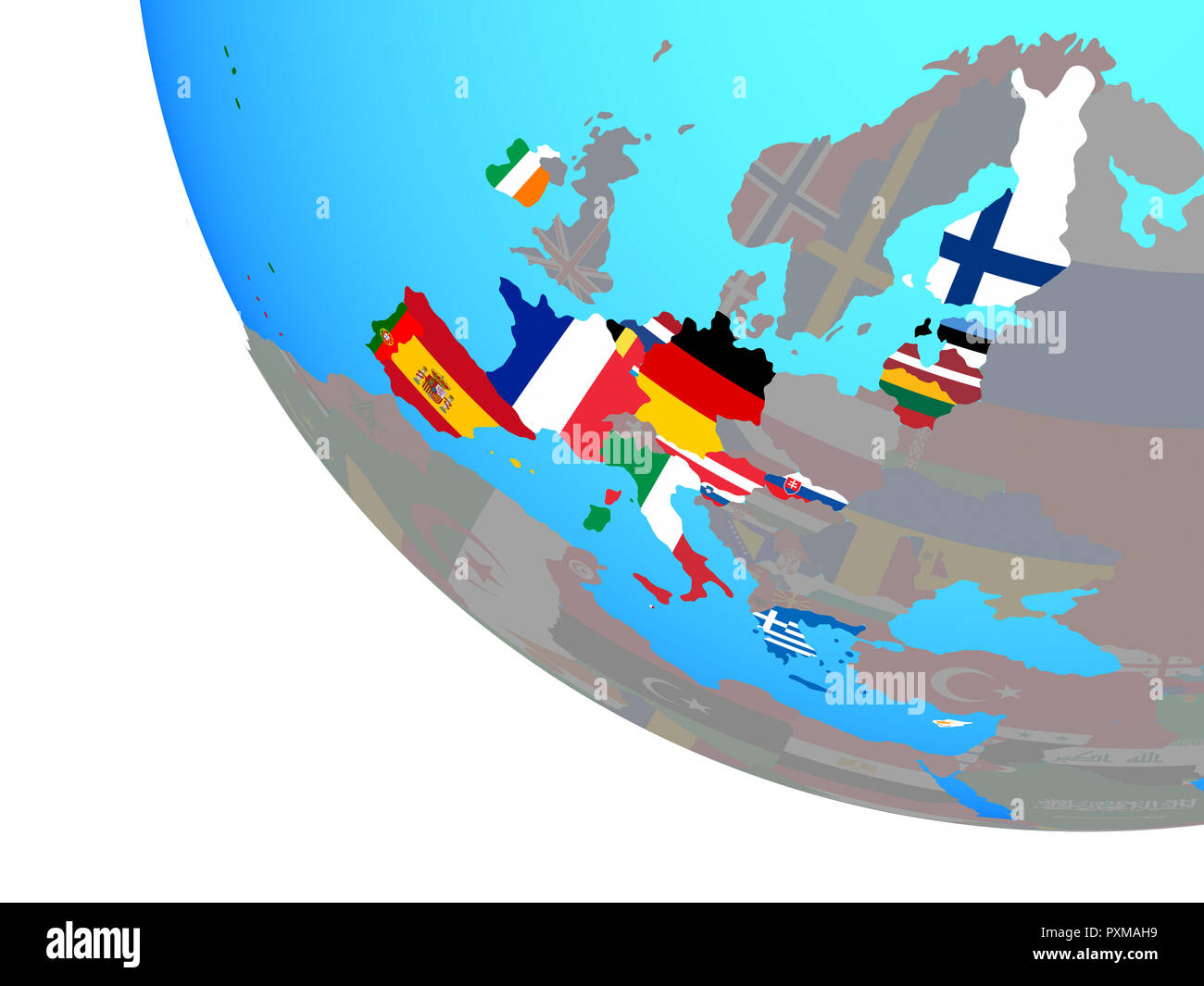 Eurozone member states with national flags on simple globe. 3D ...