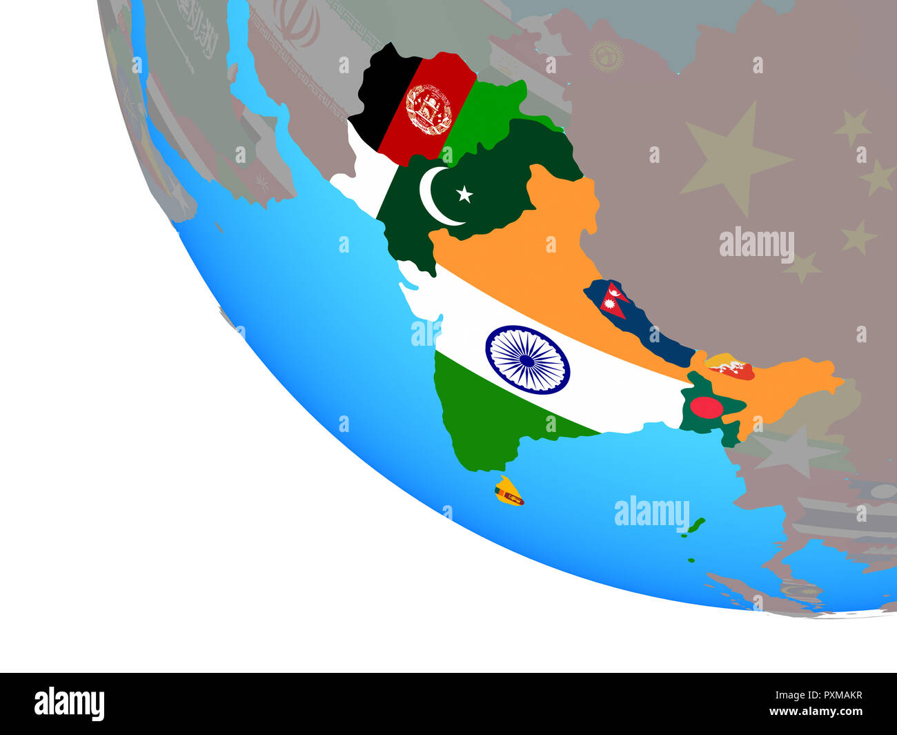 SAARC memeber states with national flags on simple globe. 3D ...