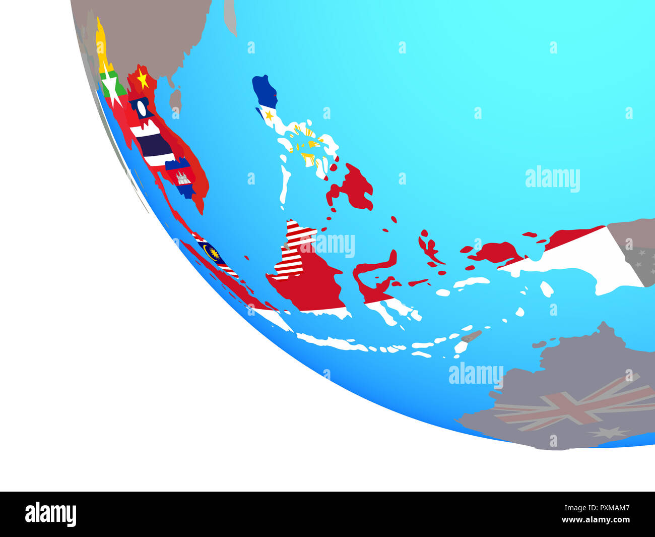 ASEAN memeber states with national flags on simple globe. 3D ...
