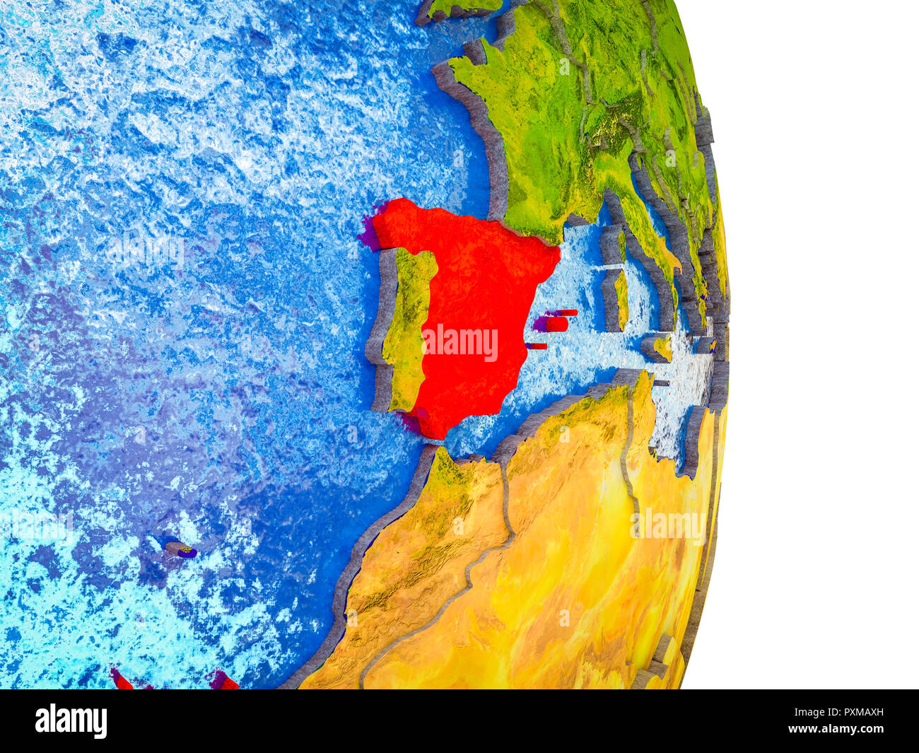 Spain on 3D model of Earth with divided countries and blue oceans. 3D ...