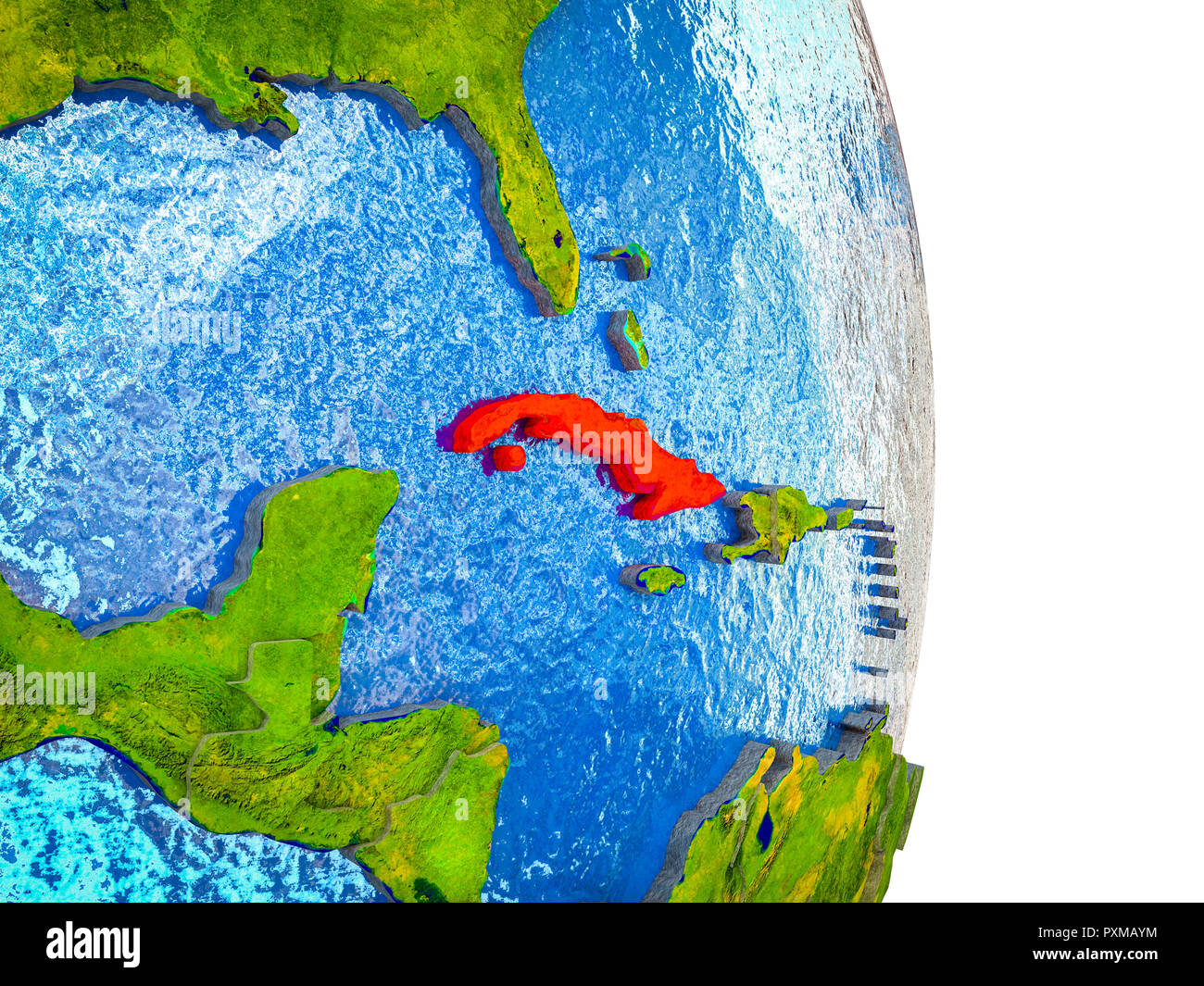 Cuba on 3D model of Earth with divided countries and blue oceans. 3D ...