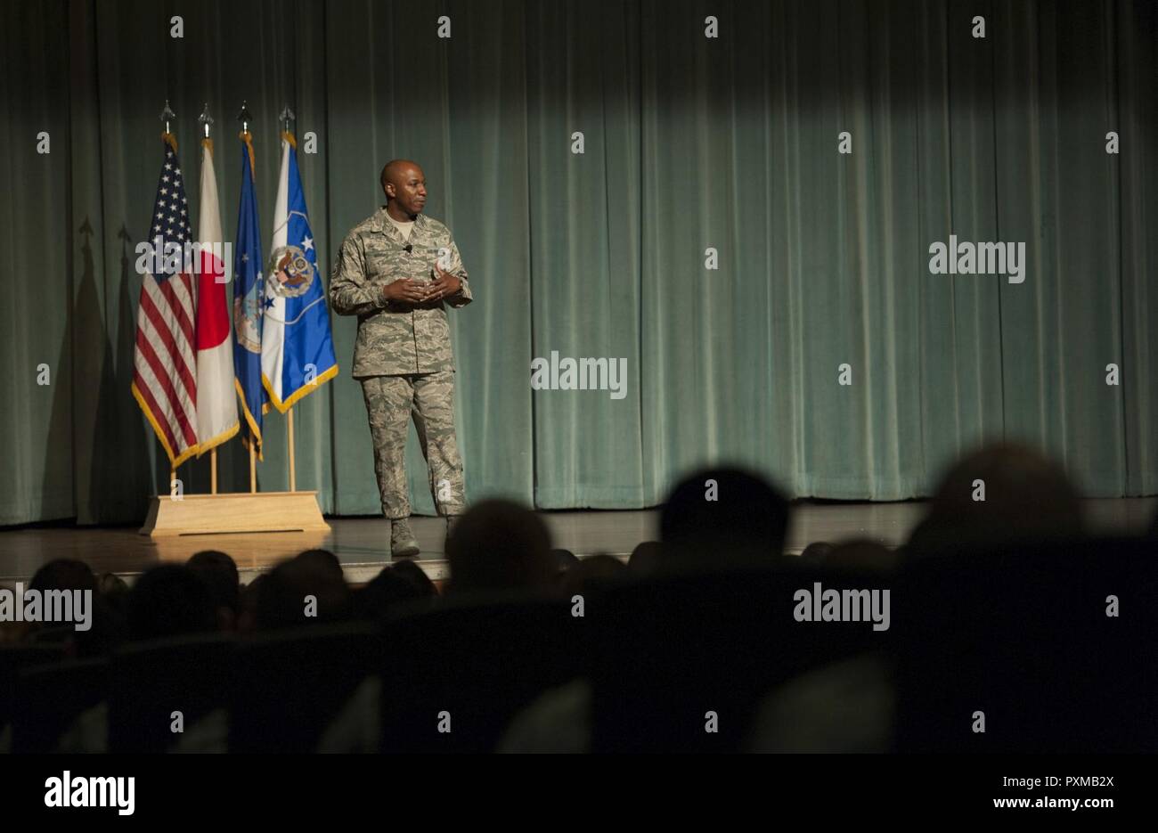 Chief Master Sgt. of the Air Force Kaleth O. Wright speaks with members of the 18th Wing June 12 ...