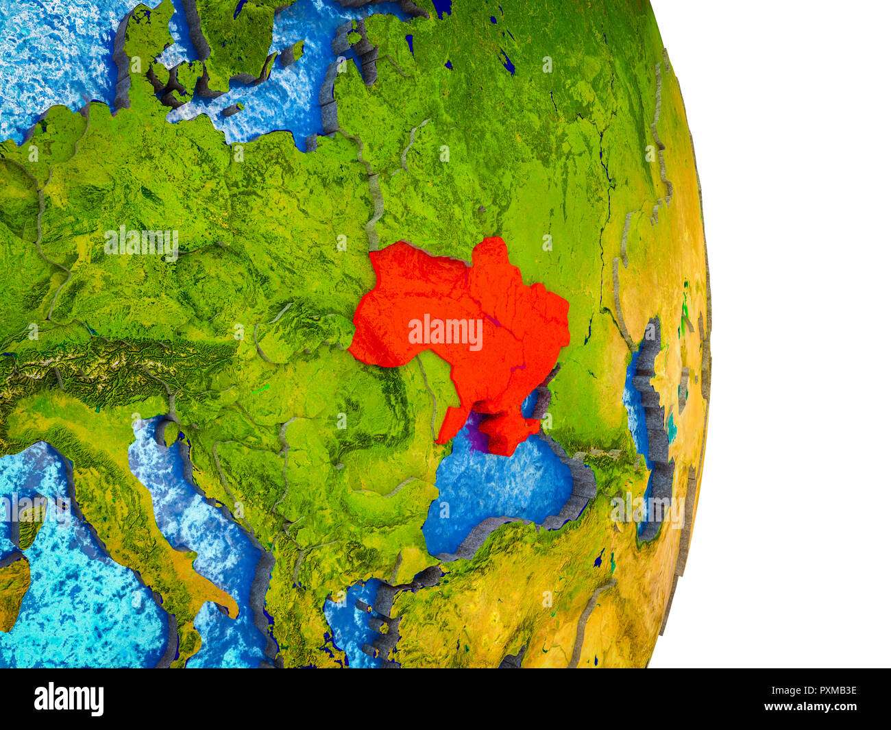 Ukraine on 3D model of Earth with divided countries and blue oceans. 3D ...