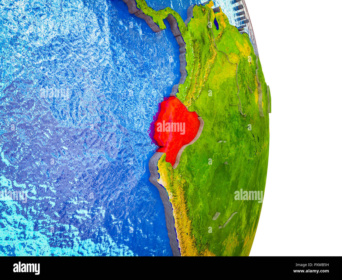 Ecuador on 3D model of Earth with divided countries and blue oceans. 3D ...