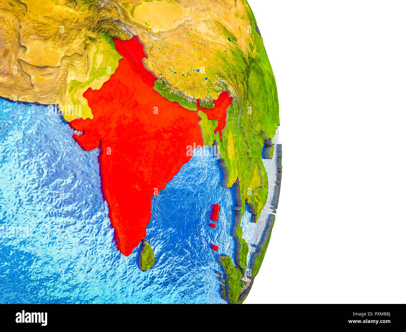 India on 3D model of Earth with divided countries and blue oceans. 3D ...