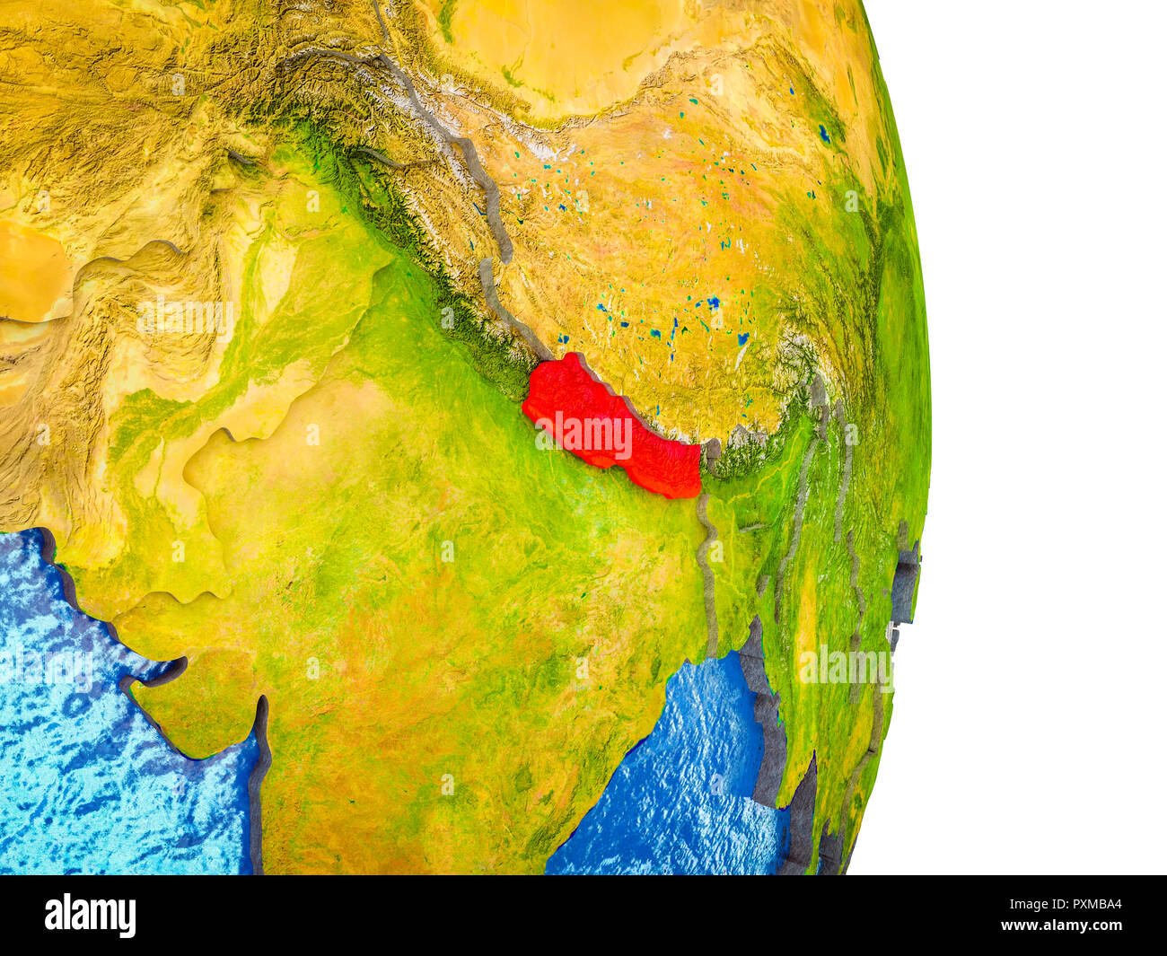 Nepal on 3D model of Earth with divided countries and blue oceans. 3D ...