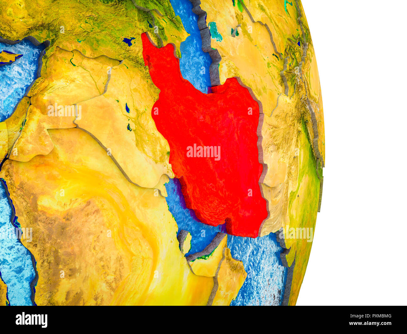 Iran on 3D model of Earth with divided countries and blue oceans. 3D ...