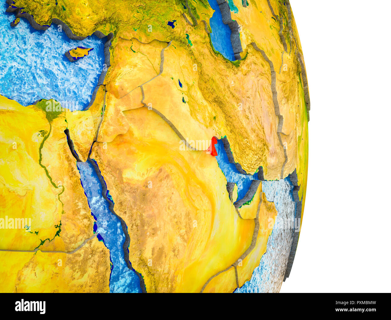 Kuwait on 3D model of Earth with divided countries and blue oceans. 3D ...