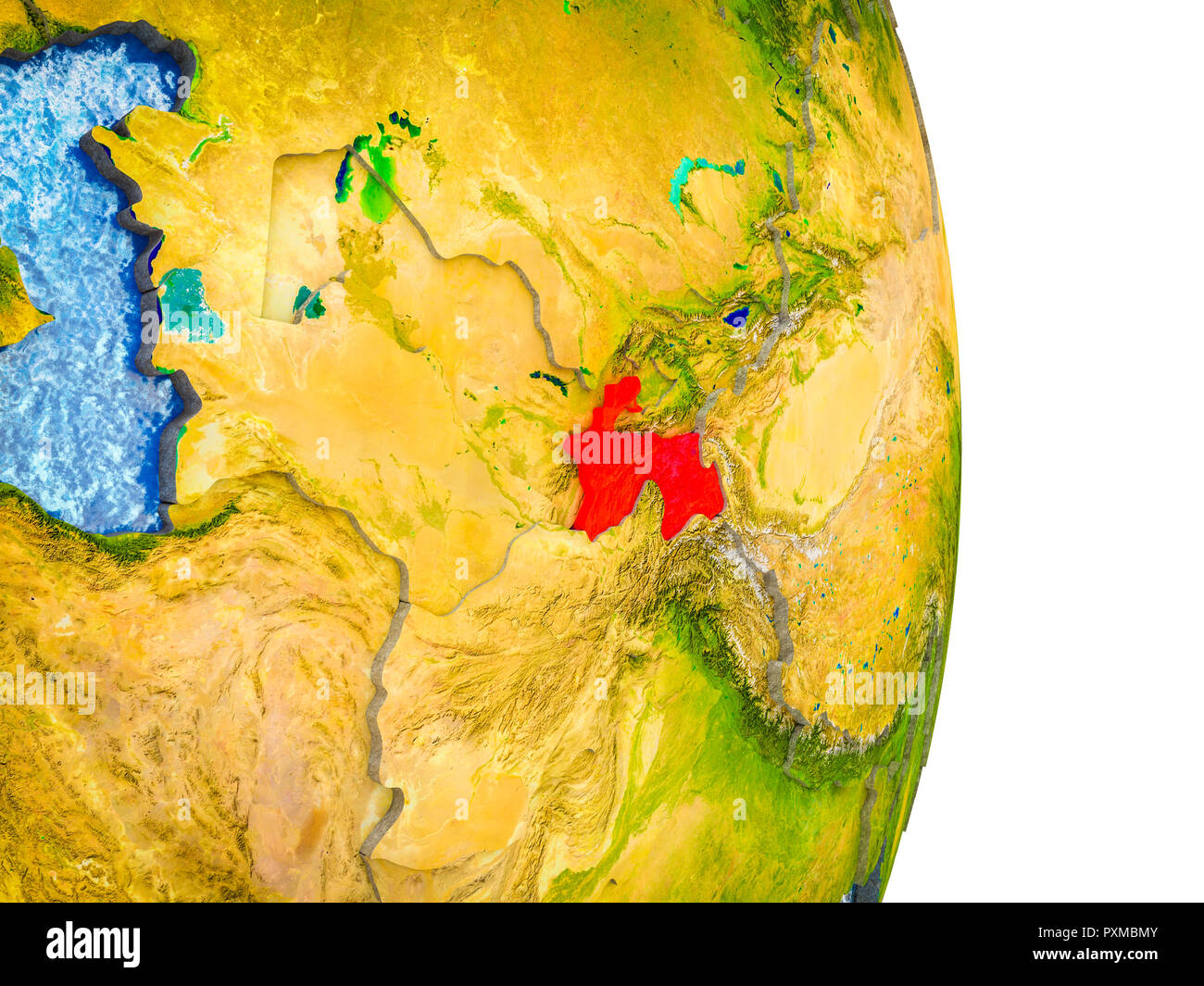 Tajikistan on 3D model of Earth with divided countries and blue oceans ...