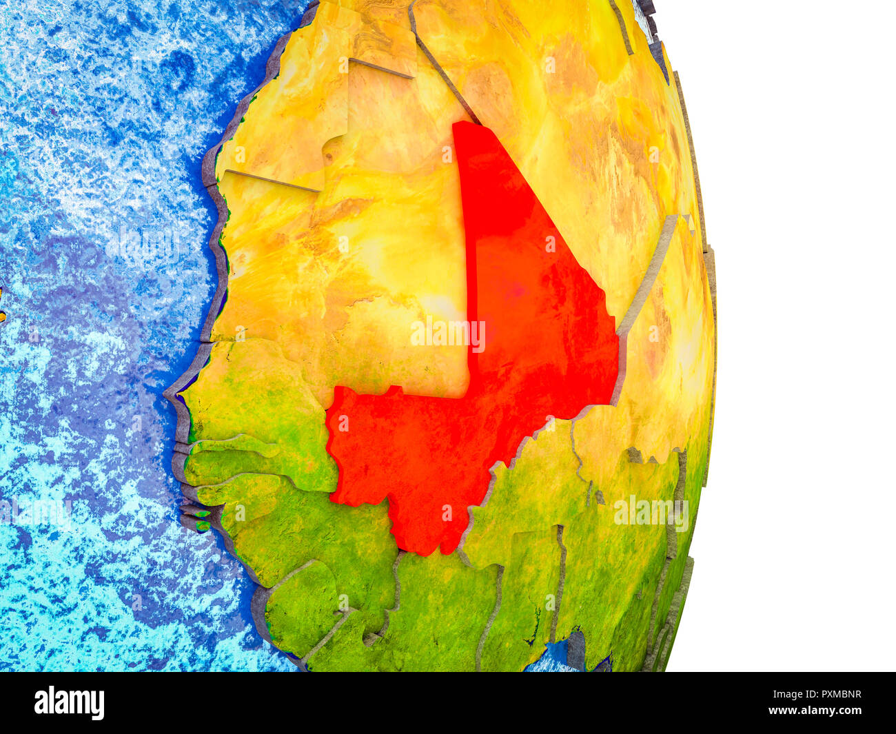 Mali on 3D model of Earth with divided countries and blue oceans. 3D ...