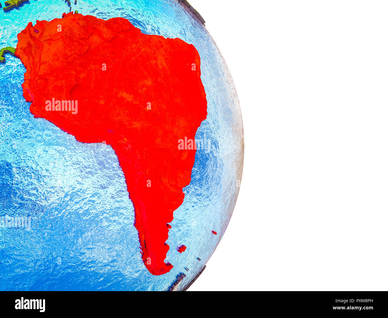 South America on 3D model of Earth with divided countries and blue ...