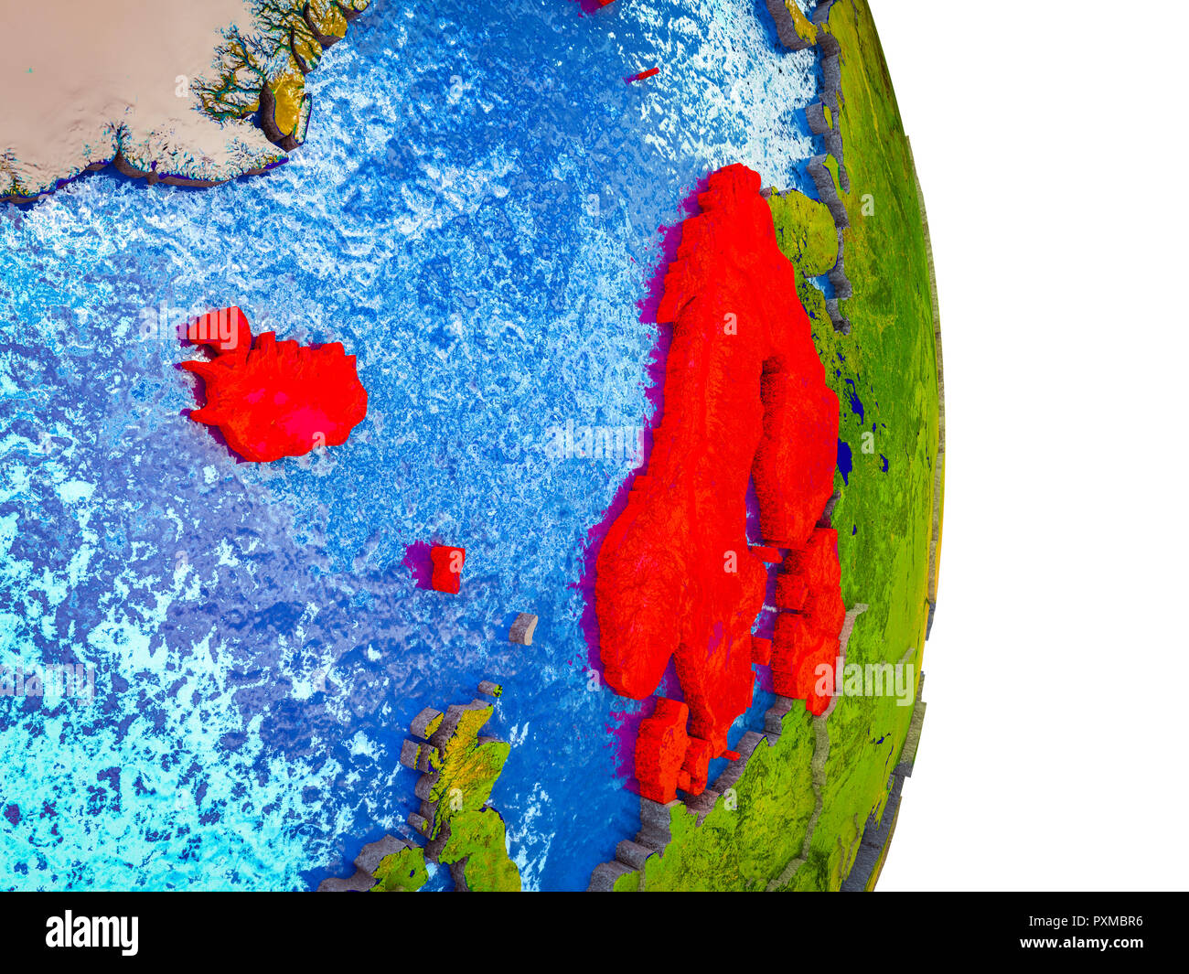 Northern Europe on 3D model of Earth with divided countries and blue ...