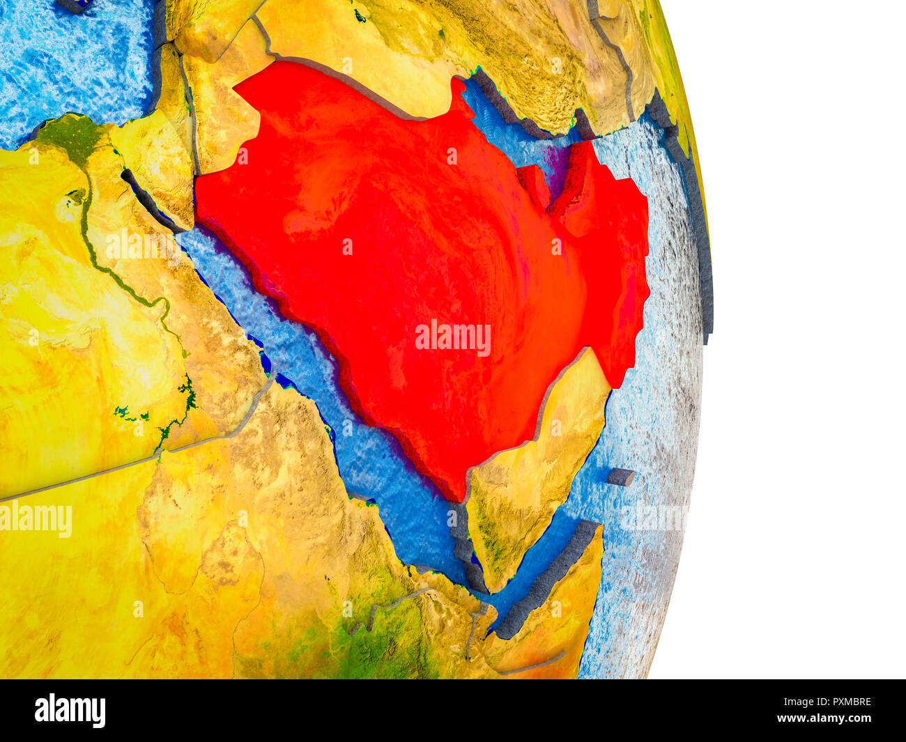 Arabia on 3D model of Earth with divided countries and blue oceans. 3D ...