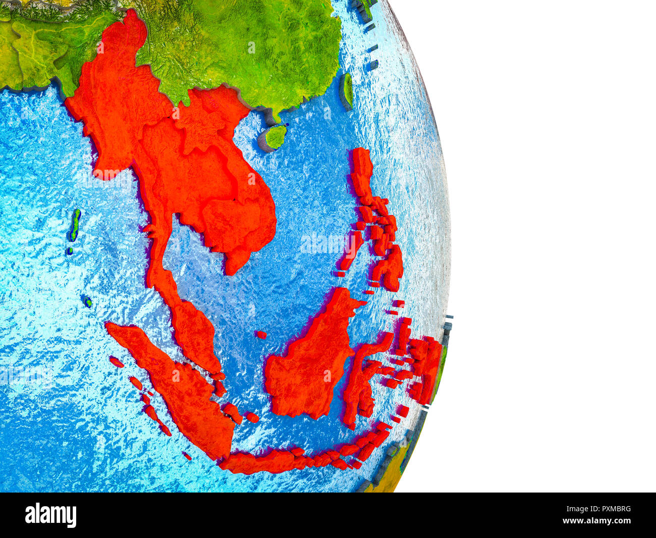 South East Asia on 3D model of Earth with divided countries and blue ...