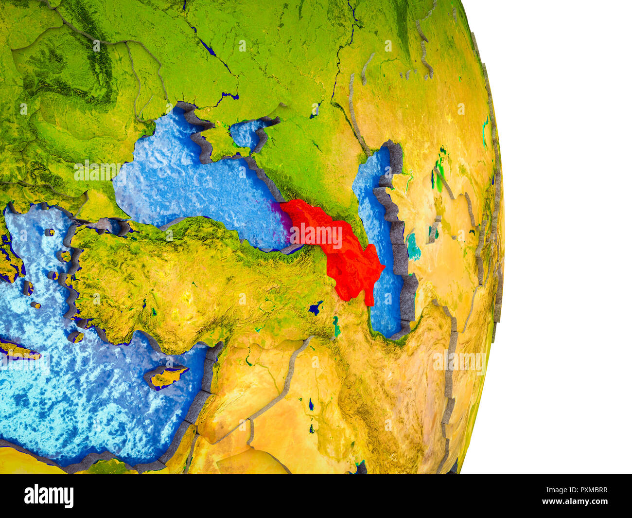 Caucasus region on 3D model of Earth with divided countries and blue ...