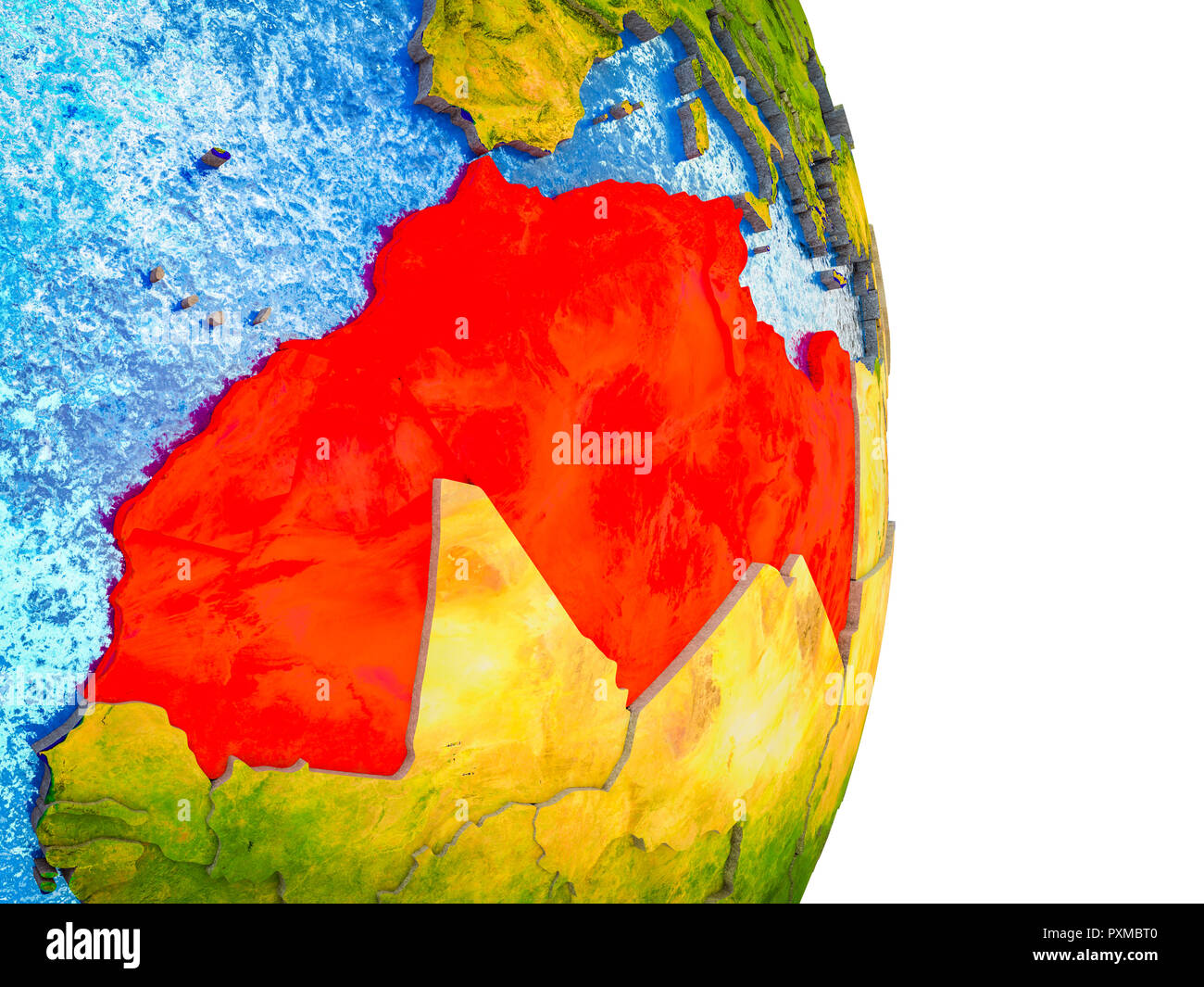 Maghreb region on 3D model of Earth with divided countries and blue ...
