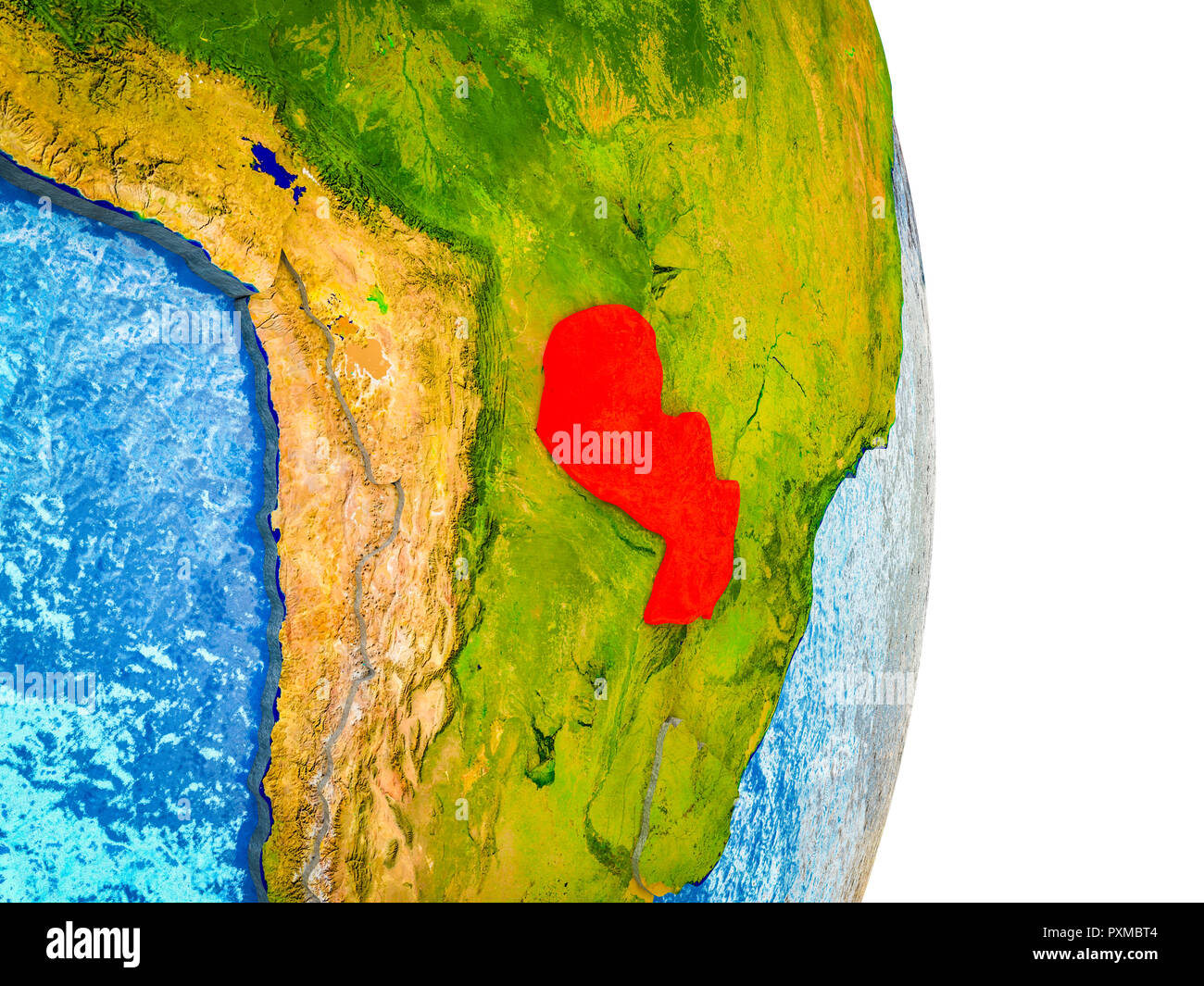 Paraguay on 3D model of Earth with divided countries and blue oceans ...