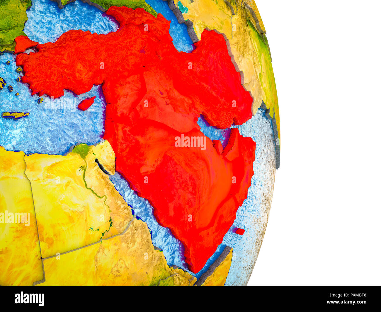Western Asia on 3D model of Earth with divided countries and blue ...