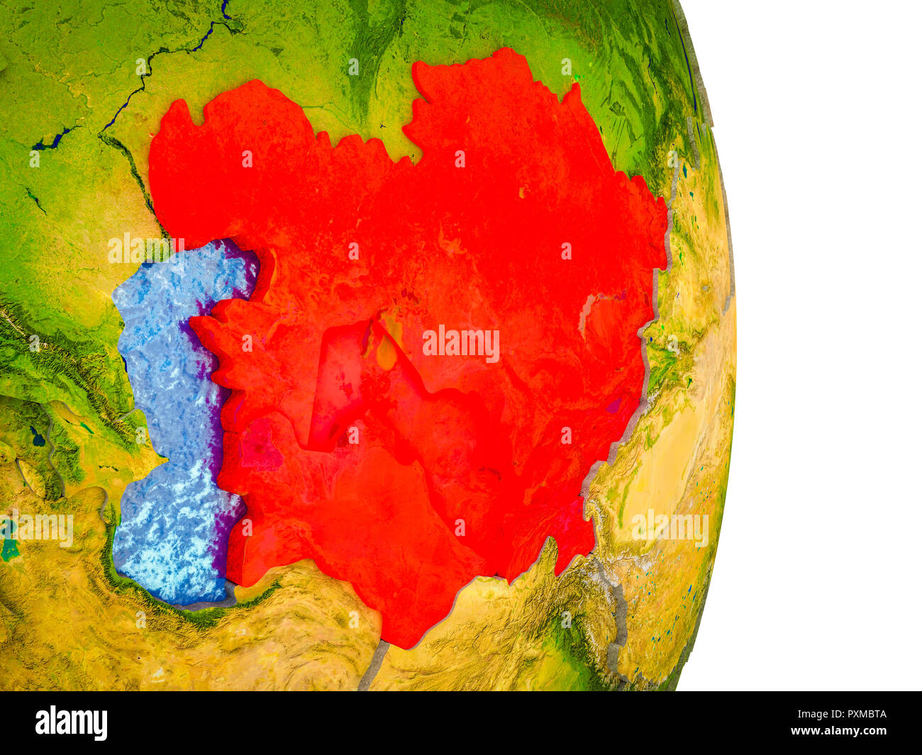 Central Asia on 3D model of Earth with divided countries and blue ...