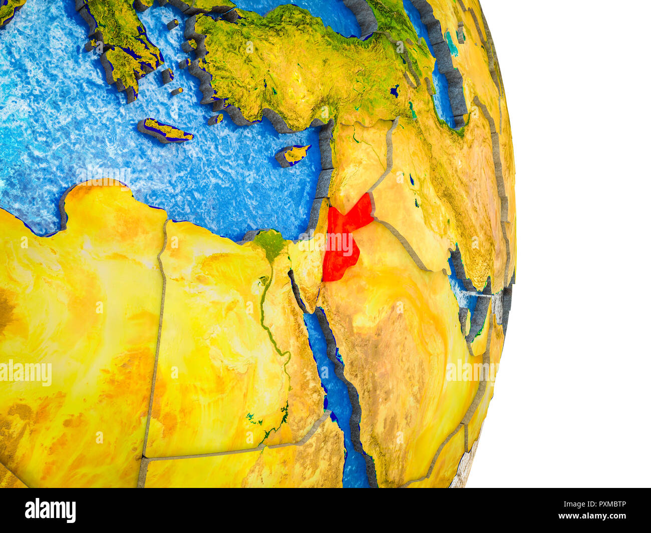 Jordan on 3D model of Earth with divided countries and blue oceans. 3D ...