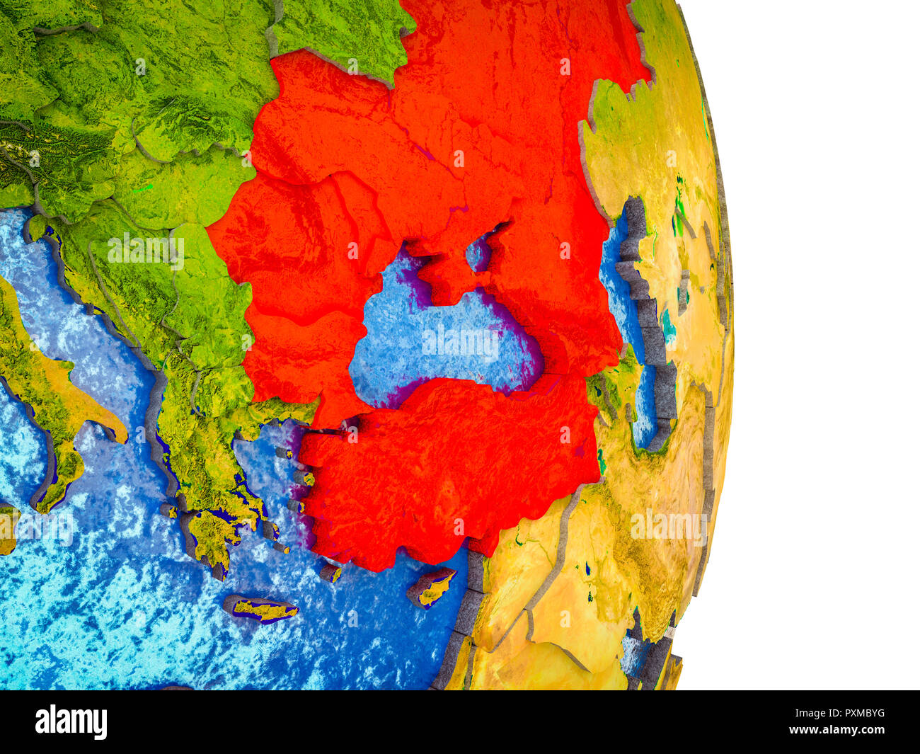 Black Sea Region on 3D model of Earth with divided countries and blue ...