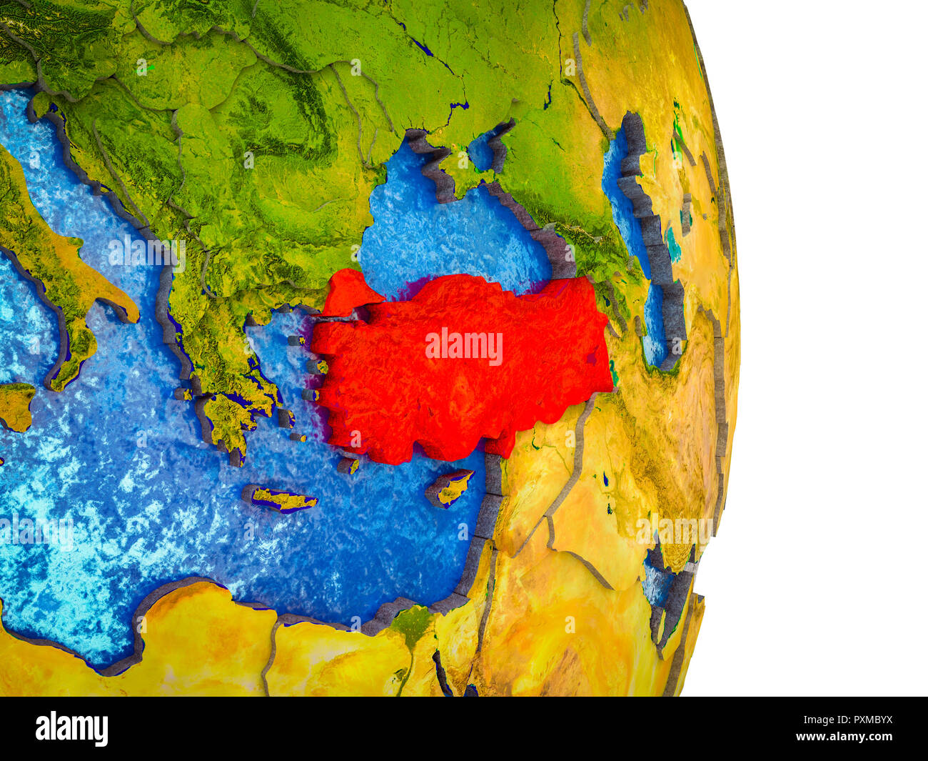 Turkey on 3D model of Earth with divided countries and blue oceans. 3D ...