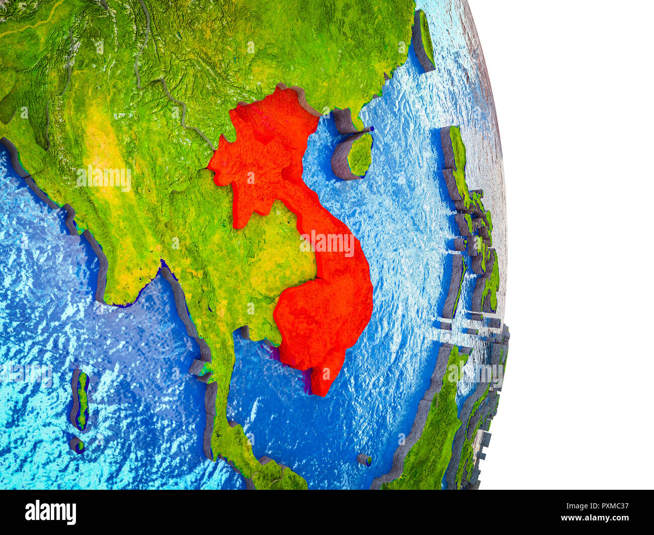 Indochina on 3D model of Earth with divided countries and blue oceans ...