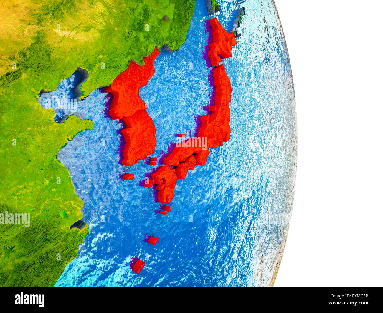 Japan and Korea on 3D model of Earth with divided countries and blue ...