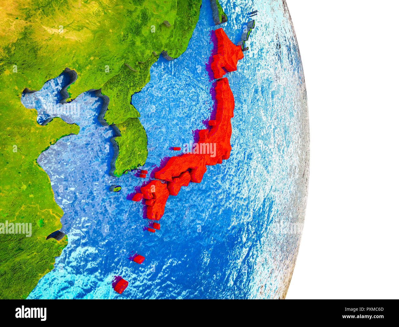 Japan on 3D model of Earth with divided countries and blue oceans. 3D ...