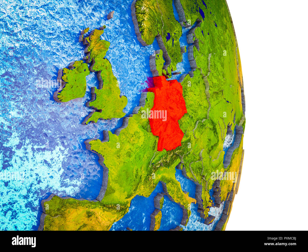 Germany on 3D model of Earth with divided countries and blue oceans. 3D ...