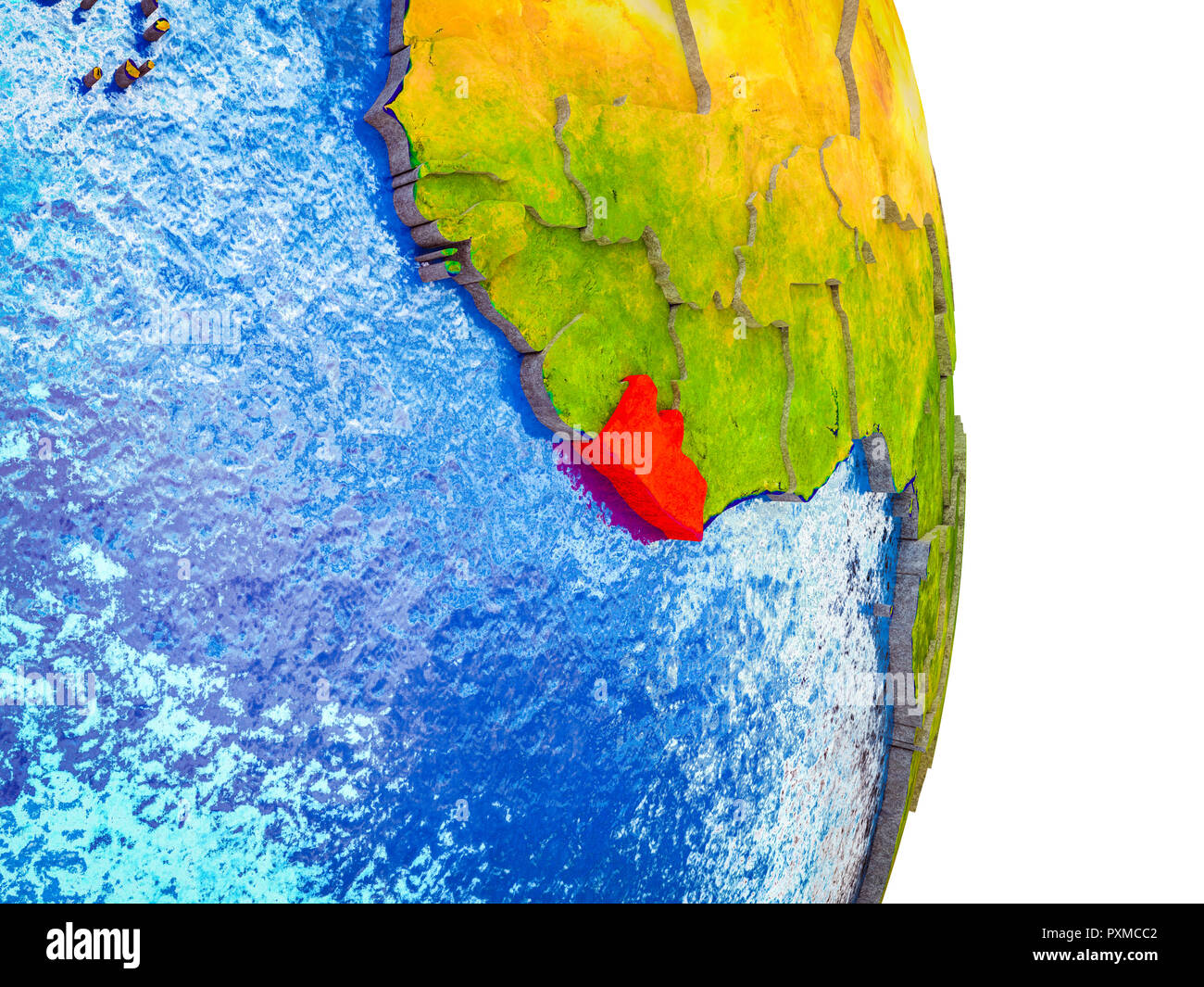 Liberia on 3D model of Earth with divided countries and blue oceans. 3D ...