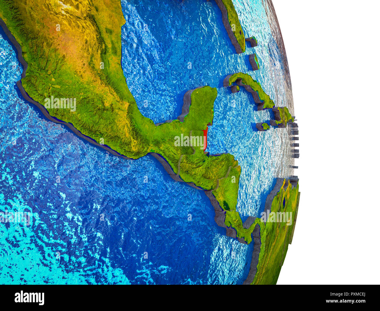 Belize on 3D model of Earth with divided countries and blue oceans. 3D ...