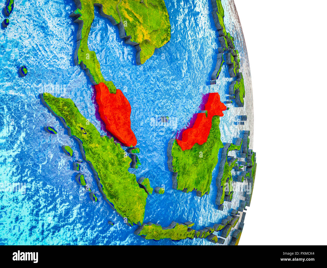 Malaysia on 3D model of Earth with divided countries and blue oceans ...