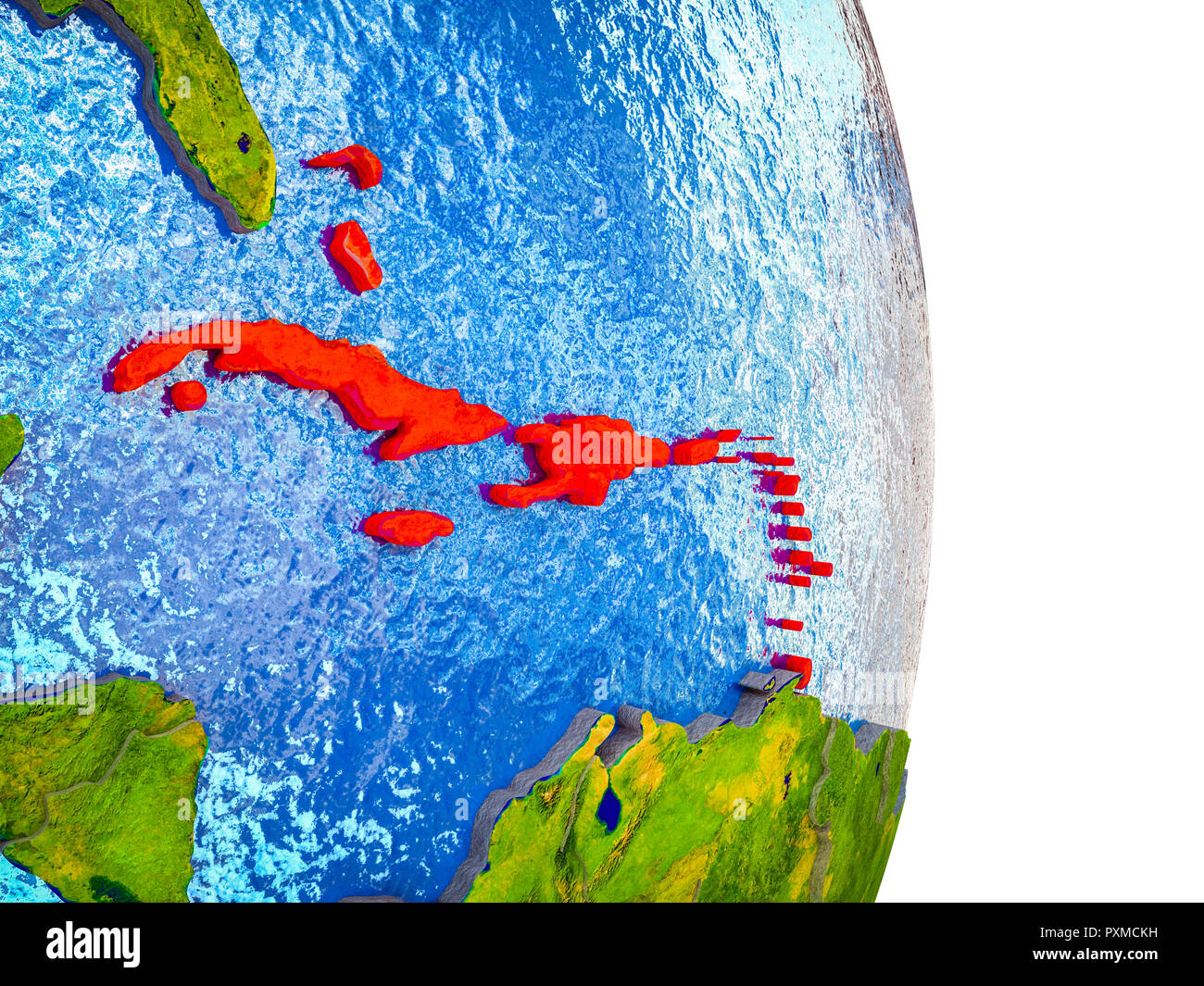 Caribbean on 3D model of Earth with divided countries and blue oceans ...