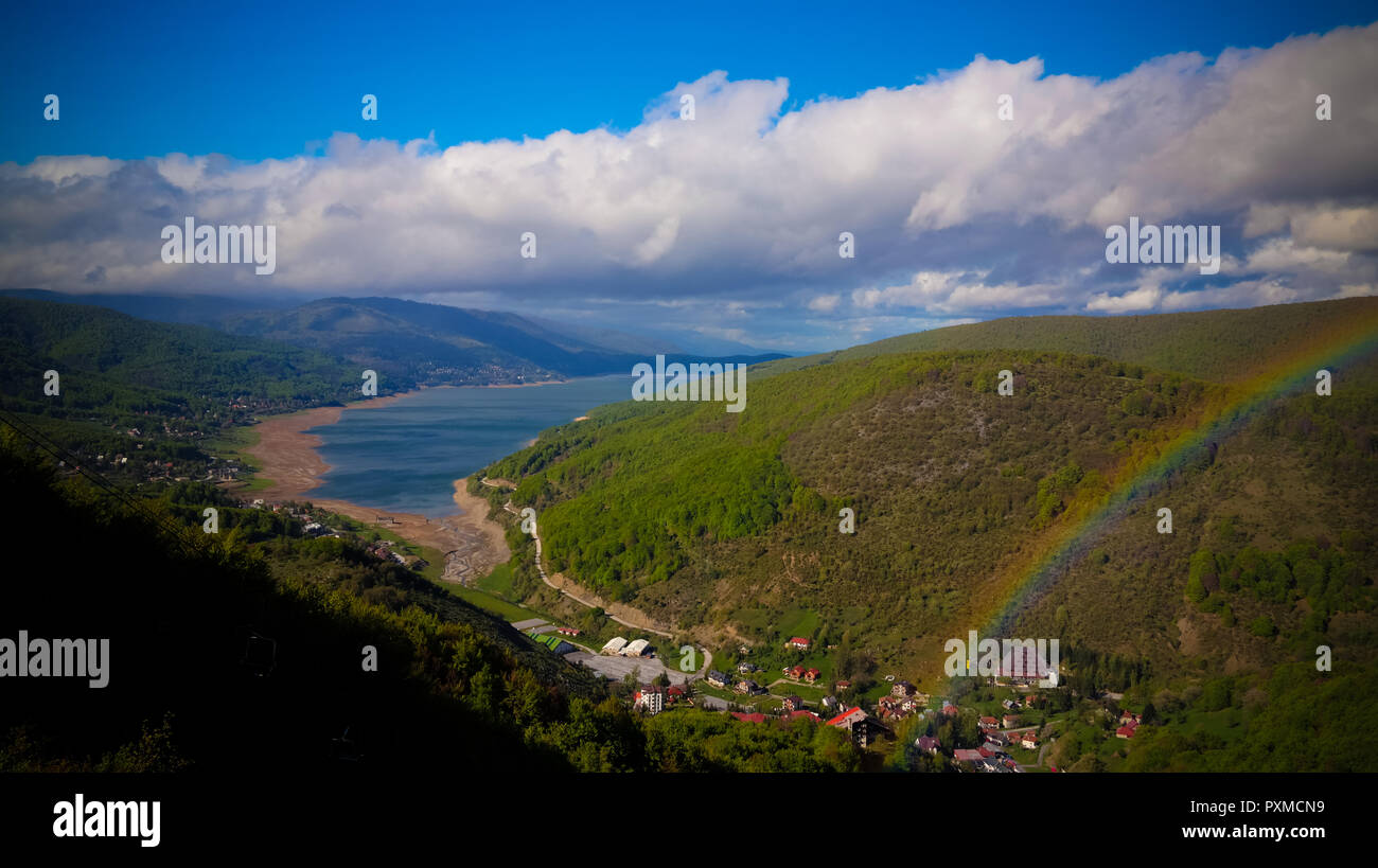 Landscape of Mavrovo national park with rainbow, mountain and lake in ...