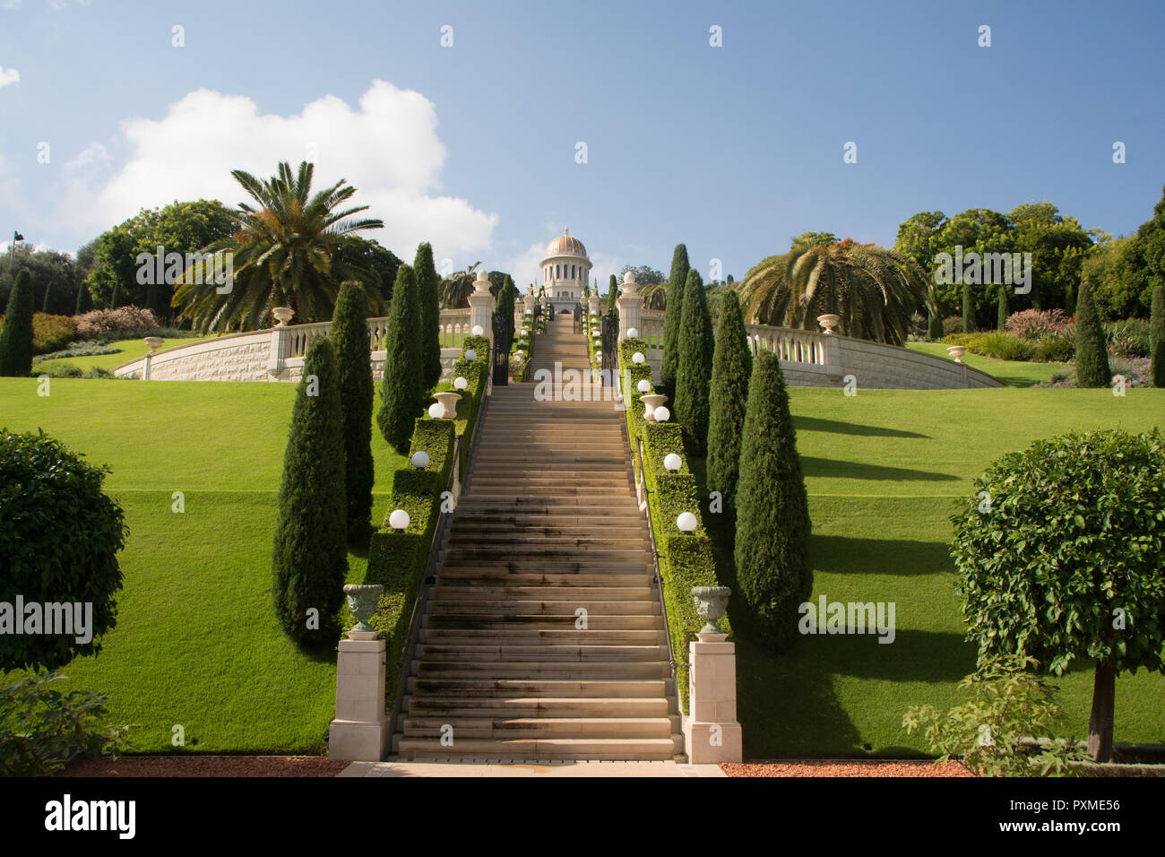 View up the stairs to the Bahai Temple in Haifa, Israel. Beautiful lush ...