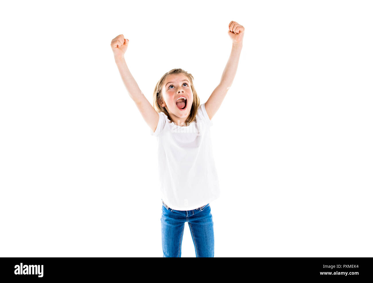 A Portrait of a cute 7 years old girl Isolated over white background ...